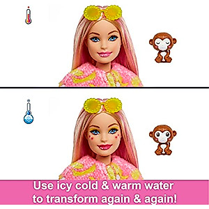 Barbie Cutie Reveal Fashion Doll, Jungle Series Monkey Plush Costume, 10 Surprises Including Mini Pet & Color Change