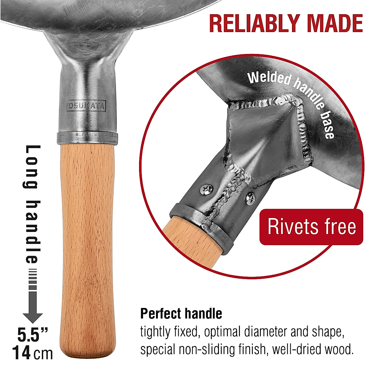 YOSUKATA Silver Round Bottom Pan 14" – Stir Fry Pans For Cooking - Chinese Hammered Pow + Wok Lid 13.6 Inch + Reusable Natural Wooden Long Cooking Chopsticks Set of 3 pairs 11.8 inch, 13-inch, 14.2 in