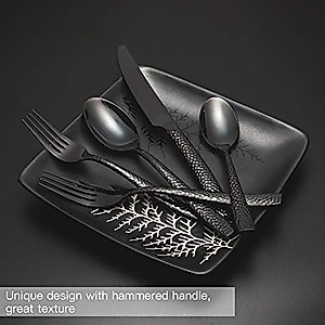 Kelenfer Flatware Set 20 Piece Black Stainless Steel Cutlery Set Forged with Hammered Handle Service for 4