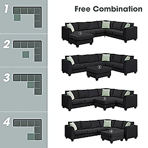 P PURLOVE Modern Large Sectional Sofa, L Shape Fabric Sofa Corner Couch Set with Ottoman and 3 Pillows, Extra Wide Chaise Lounge Couch for Living Room Apartment, Black