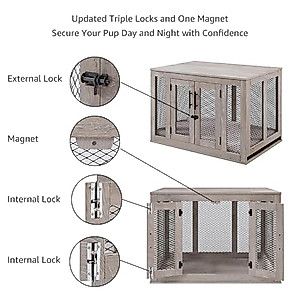 unipaws Dog Crate Furniture, Wooden Dog Kennel for Medium Breed, Indoor Decorative Wood Dog Cage, Inside Side End Table Crate with Removable Tray and Dog Bed, Dog Enclosure, for Dogs Up to 40 lbs