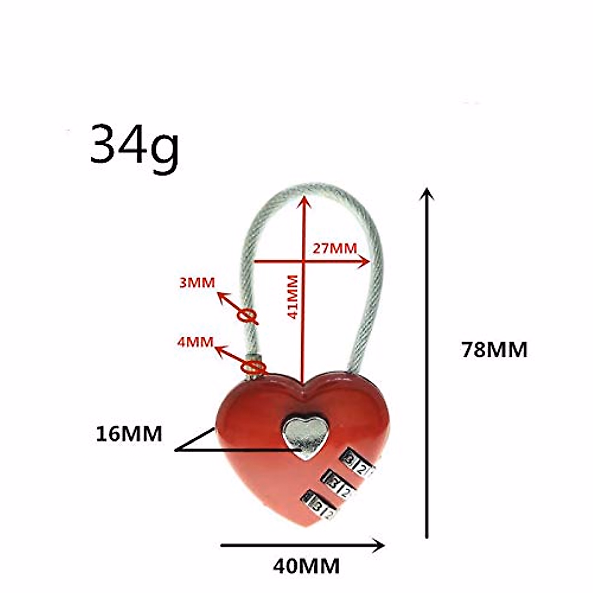 2Pcs Wire Rope Heart Shape Love Lock 3 Digital Combination Padlock Resettable Password for Travel Bags
