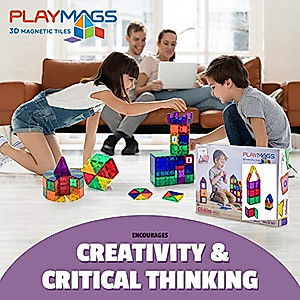 Playmags Magnetic Tile Building Set: Exclusive Educational Clickins 36-Pc. Kit: 18 Super Strong Clear Color Magnet Tiles Windows & 18 Letters & Numbers Stimulate Creativity & Brain Development