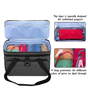 CURMIO Double-Layer Knitting Tote Bag, Yarn Storage Bag with Compartments for Crochet Hooks, Knitting Needles (Up to 14 Inches), Knitting Project and Accessories, Black (Bag Only, Patented Design)