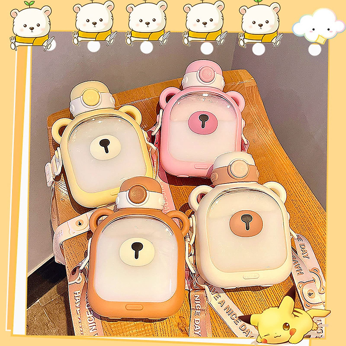 FEUSEUZ Kawaii Water Bottle 24 oz square transparent water bottle Cute little bear portable water bottle with strap and sticker (coffee,700ml)