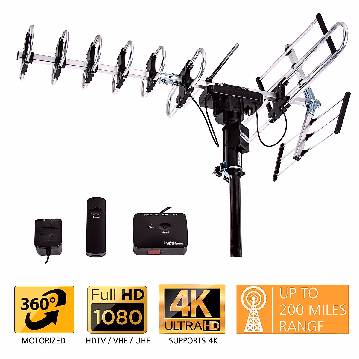 Five Star Outdoor Digital Amplified HDTV Antenna - up to 200 Mile Long Range, Directional 360 Degree Rotation by Remote Control, HD 4K 1080P FM Radio,Support 5 TVs Plus Installation Kit