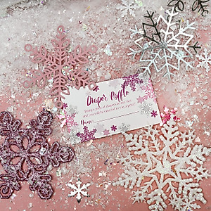 Pink and Silver Snowflake Diaper Raffle Tickets for Girl Baby Showers, 20 2" X 3” Double Sided Insert Cards for Games by AmandaCreation, Bring a Pack of Diapers to Win Favors & Prizes!