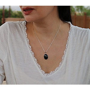 Sterling Silver Oval Black Onyx Small Pendant Necklace - Handmade 15x20mm Black Stone 16+2 inches Chain for Women