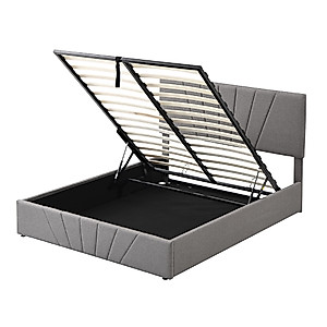 CITYLIGHT Upholstered Queen Platform Bed Frame with Storage, Queen Size Bed with Gas Lift Up Storage, Wooden Queen Storage Bed with Tufted Headboard and Hydraulic Storage System,Grey