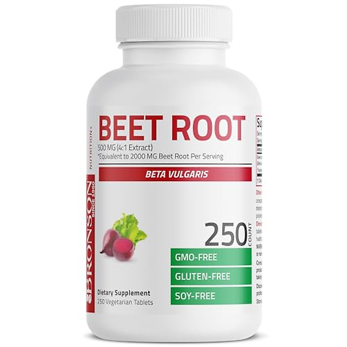 Bronson Beet Root Extra Strength (Equivalent to 2000mg Beet Root per Serving from 500mg 4:1 Extract), Non-GMO, 250 Vegetarian Tablets