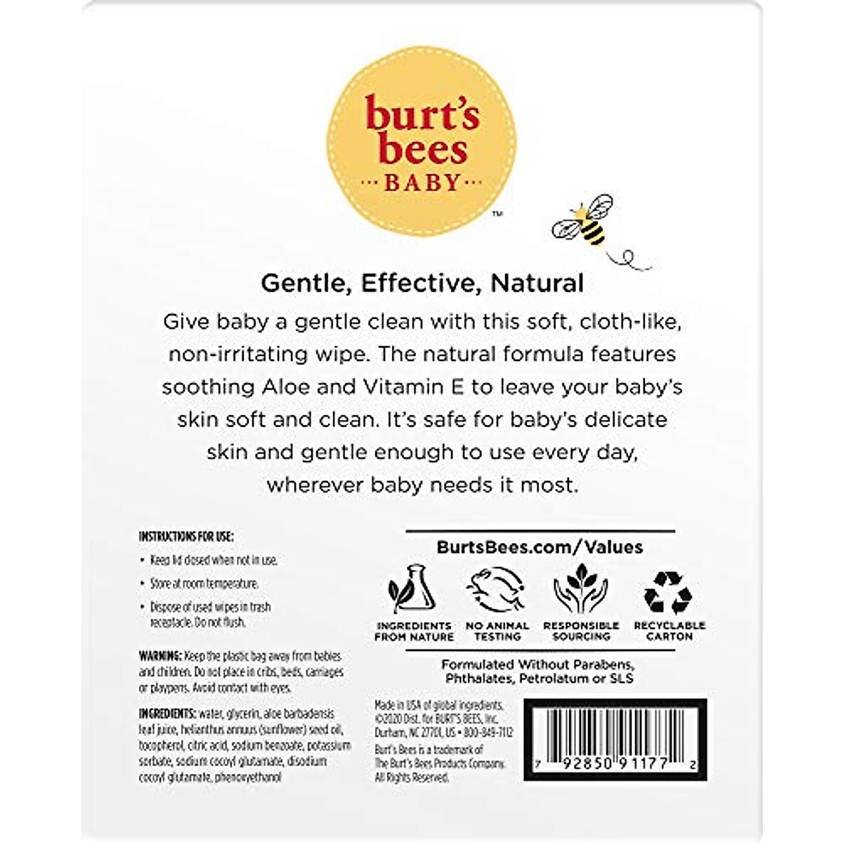 Burt's Bees Baby Wipes, Unscented Towelettes for Sensitive Skin, Hypoallergenic & Non-Irritating, All Natural with Soothing Aloe & Vitamin E, Fragrance Free, 72 count ( Pack of 10)