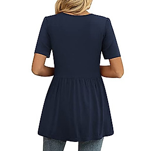 YVH Women's Tunic Tops for Summer Casual V-Neck Babydoll Shirts Short Sleeve Blouse, Navy Blue, XL