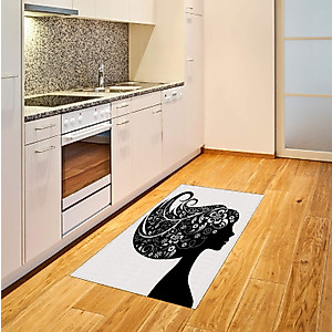 Ambesonne Spring Vibes Area Rug, Traditional Floral Pattern Ornate Lady Silhouette Print on Plain Back, Flat Woven Accent Rug for Living Room Bedroom Dining Room, 2' 6" x 5', Charcoal Grey White