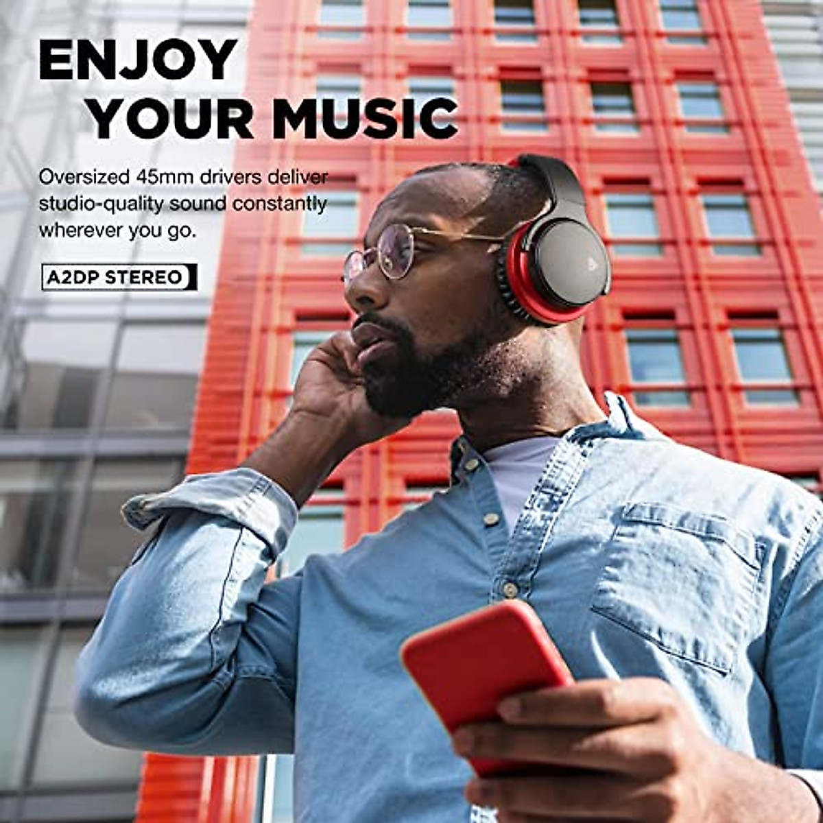 PurelySound E7 Active Noise Cancelling Headphones, Wireless Over Ear Bluetooth Headphones, 20H Playtime, Rich Deep Bass, Comfortable Memory Foam Ear Cups for Travel, Home Office - Red