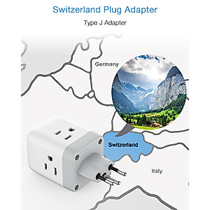 TESSAN Switzerland Plug Adapter, Swiss Travel Power Adaptor with 3 Outlets 2 USB Ports, Plug Converter for US to Switzerland, Liechtenstein, Rwanda, Type J