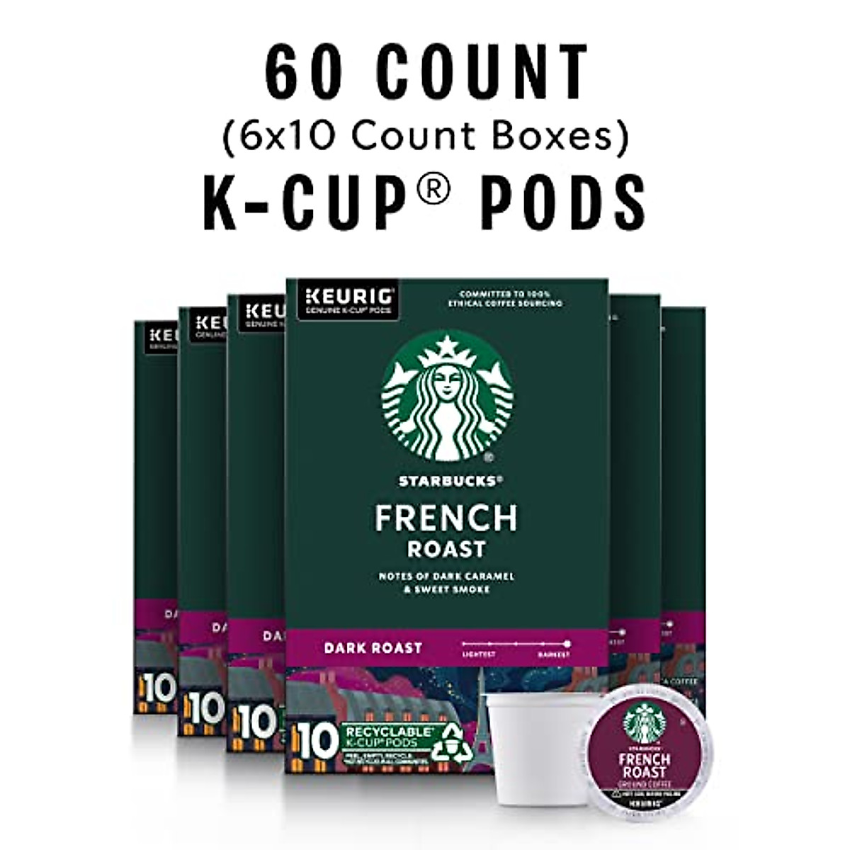 Starbucks K-Cup Coffee Pods—Dark Roast Coffee—French Roast for Keurig Brewers—100% Arabica—6 boxes (60 pods total)
