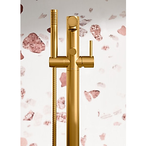 Moen Align Brushed Gold One-Handle Freestanding Floor Mount Tub Filler, Freestanding Tub Faucet with Handshower, 395BG