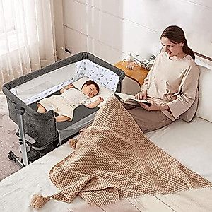 Kaptin Baby Bassinet Bedside Crib, Bedside Sleeper for Baby, Heigt Adjustable Crib with Wheels, Easy Folding Portable Baby Cradle with Large Storage Basket, for Infant/Baby/New Born (Grey)