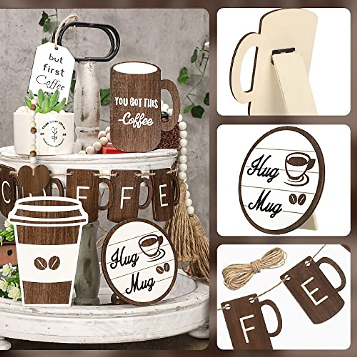 8 Pieces Coffee Tiered Tray Decor Coffee Bar Accessories Table Centerpiece Farmhouse Decorations Gnome Rustic Coffee Bar Wood Signs for Home Kitchen Coffee Station, Coffee Style (Coffee Style)