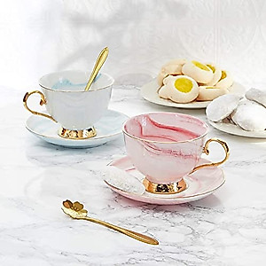 3-Piece Pink Marble Tea Cup and Saucer Gift Set for 1, 7 oz Teacup with Gold Spoon