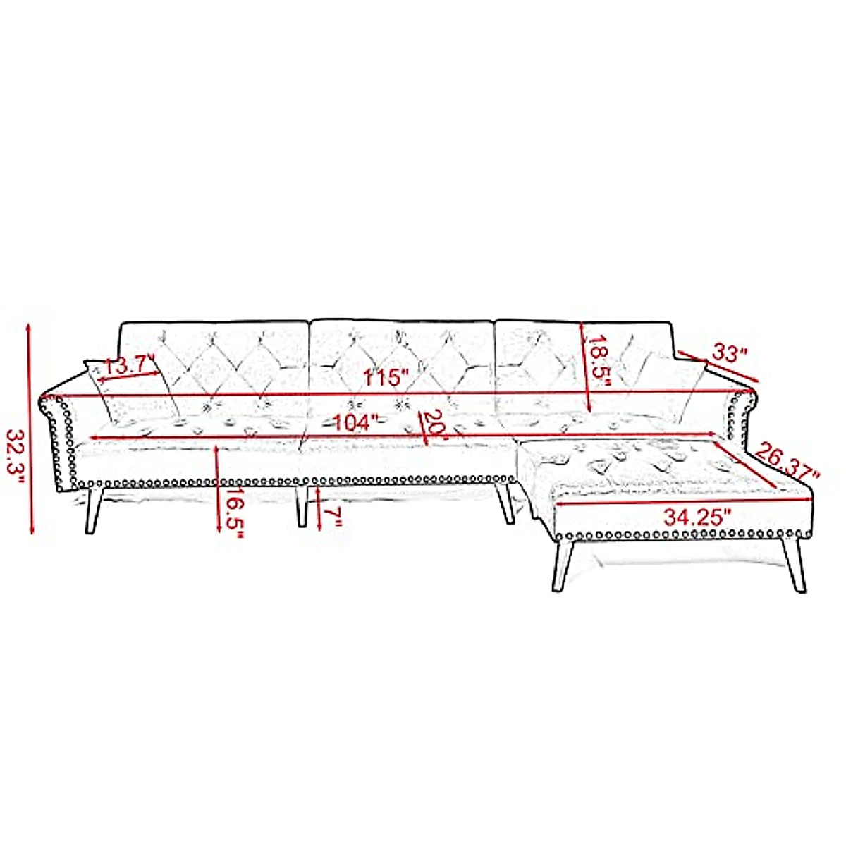 FANYE Red L-Shaped 3 Seater Convertible Sleeper Bed,Corner Velvet Tufted Sectional Sofa & Couch with Reversible Chaise and Nailhead Decor for Home Office Apartment Living Room