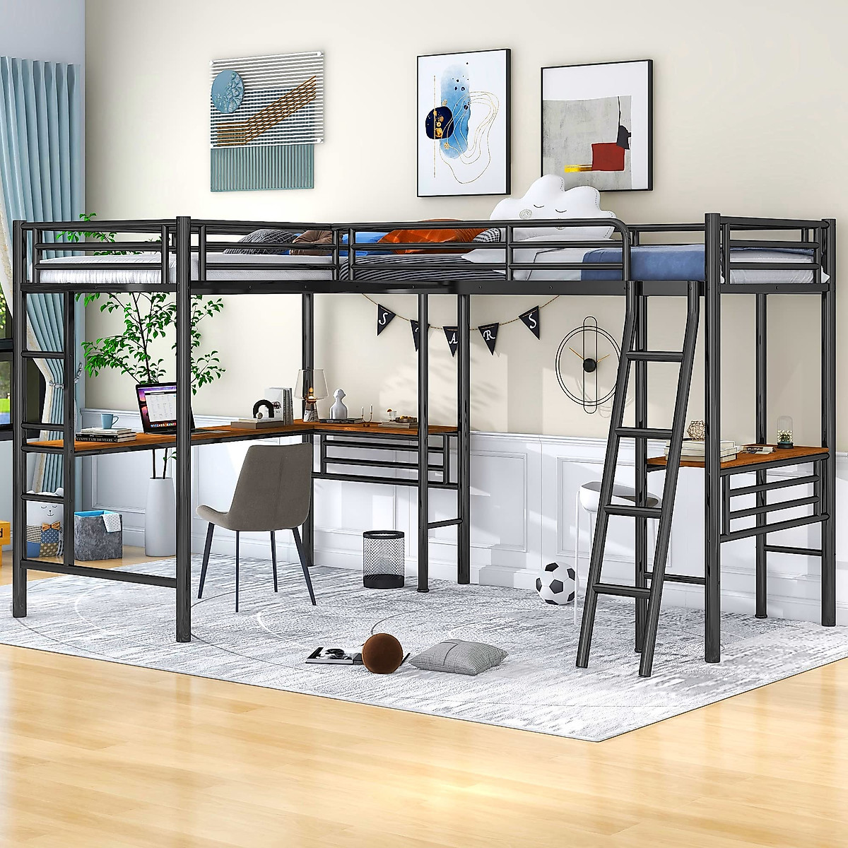 Harper & Bright Designs L Shaped Metal Loft Bed with 2 Desk, Twin Loft Bed with Safety Rail and 2 Ladder, Heavy-Duty Steel Frame Corner Twin Bed for 2 Kids Girls Boys Teens (Twin Size, Black)