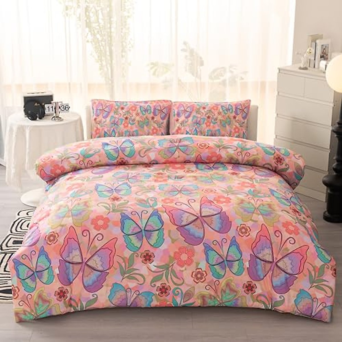 Podol Girls Pink Comforter Set Full Size, Butterfly Flowers Pattern Bedding Set, 5pc Lightweight Bed in A Bag with 1 Comforter, 2 Pillowcases, 1 Flat Sheet and 1 Fitted Sheet for Kids