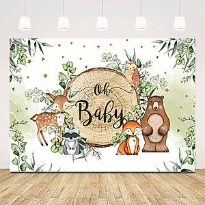 Sensfun Woodland Baby Shower Backdrop Oh Baby Woodland Creatures Forest Animals Party Banner Decorations Jungle Safari Greenery Boy Baby Shower Photography Background 7x5ft