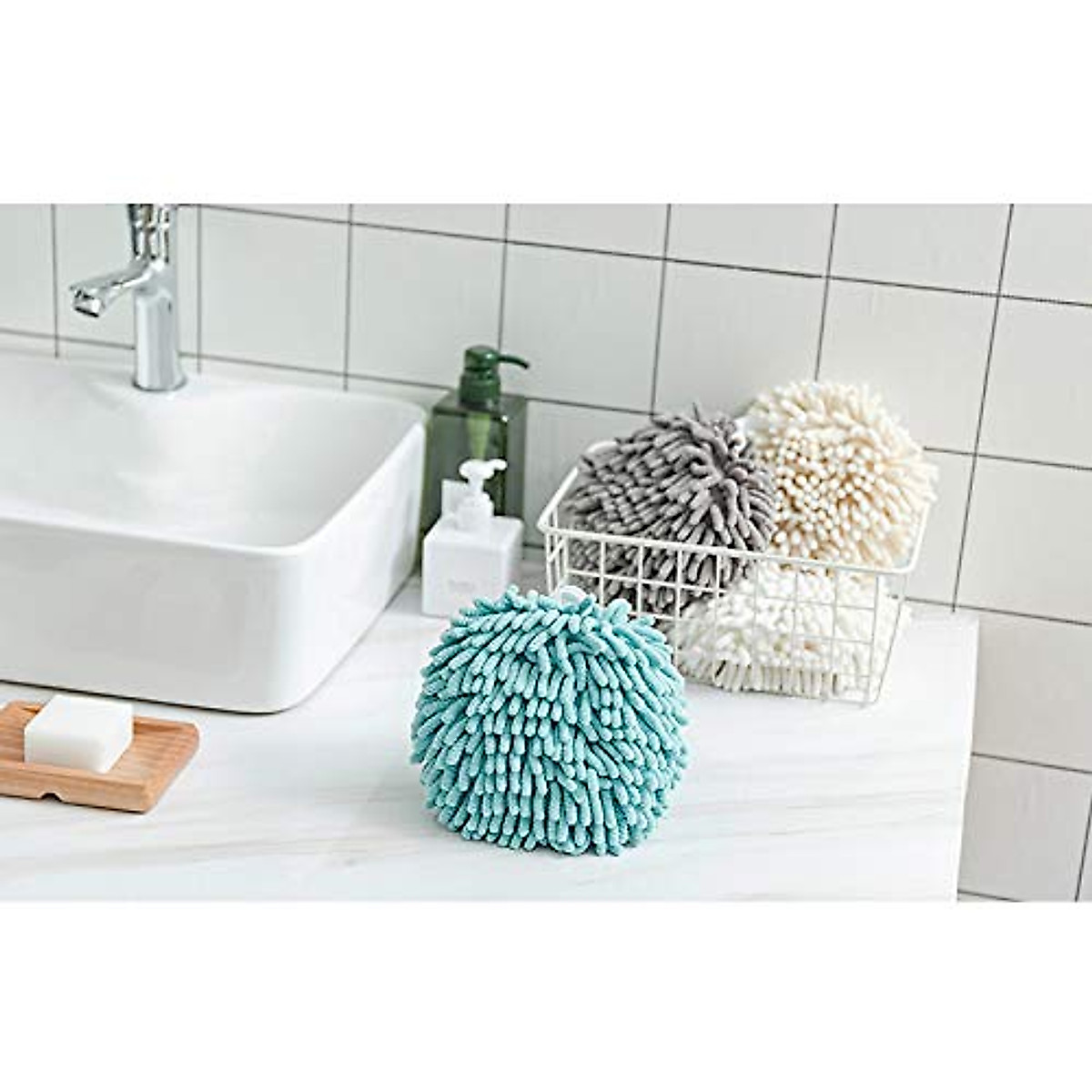 2 Packs of Microfiber Bathroom Hand Towel Set, Grey & White Chenille Fluffy Decorative Little Towel Ball Quick Dry Hanging Absorbent Soft Towels with Loop for Kitchen Powder Room.