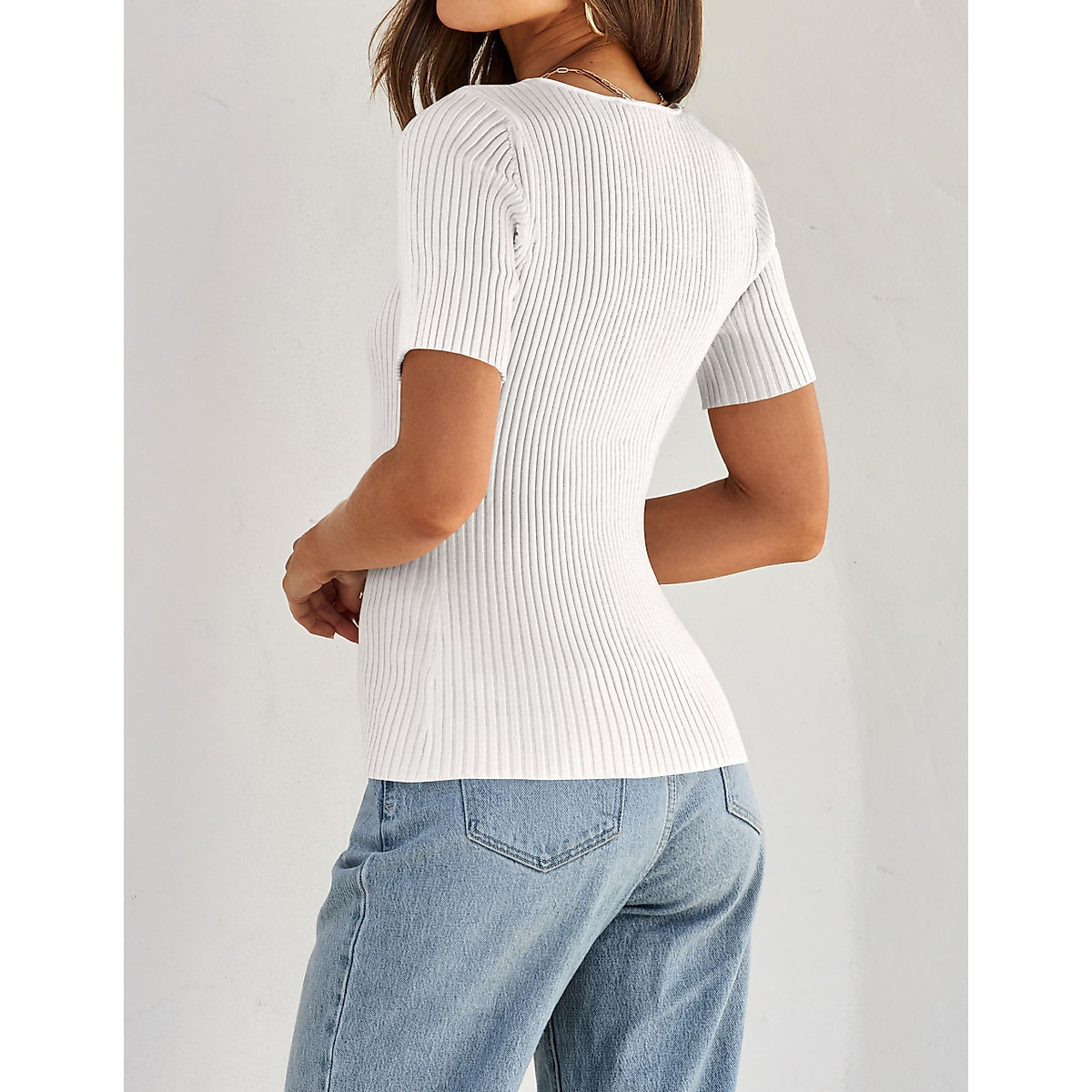 ZESICA Women's 2024 Short Sleeve Square Neck T Shirts Slim Fitted Summer Ribbed Knit Basic Casual Tee Tops,White,Medium