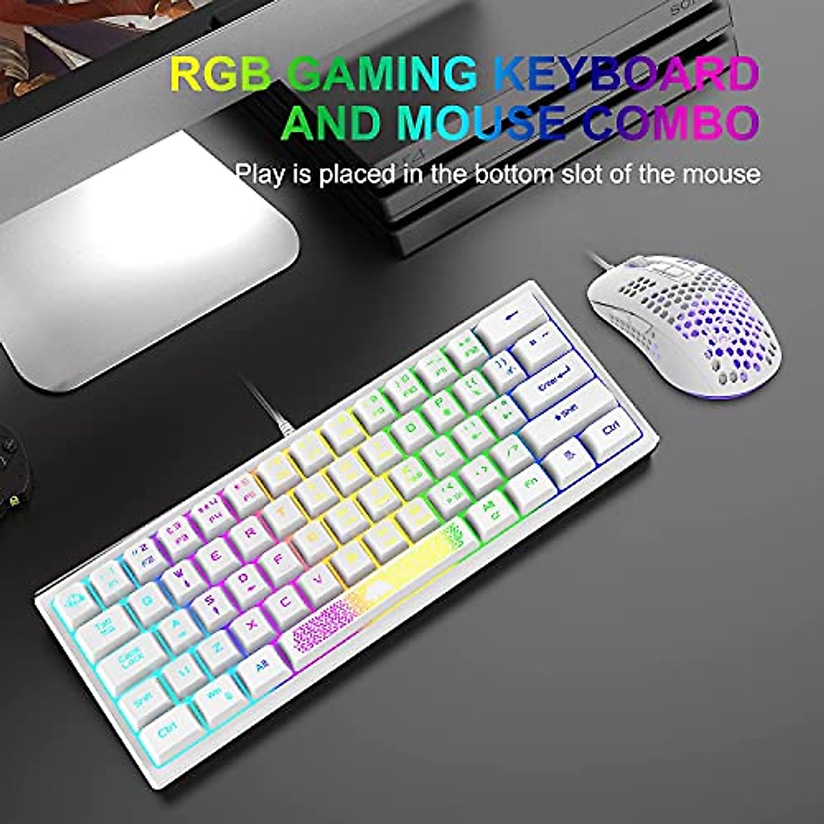60% Gaming Keyboard and Mouse,Rainbow LED Backlit Gaming Keyboard with Wired Mini Portable Ergonomic 2400 DPI Ultralight Gaming Honeycomb Shell Mouse,Mouse Pad for Windows PC Gamers(White)