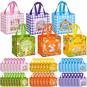 48 Pcs Easter Gift Bags Easter Reusable Treat Bags Easter Non Woven Bags Easter Tote Bags with Handle Easter Goodie Bags for Kids Waterproof Tote Bags Rabbit Bunny Bag for Easter Party Favors
