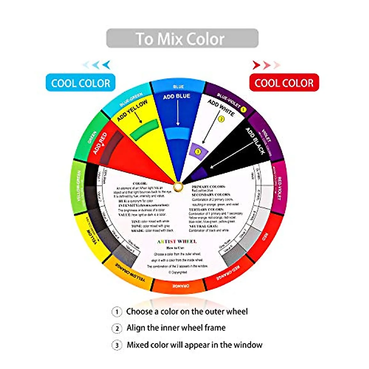 2 Pieces Color Wheel, Paint Mixing Learning Guide Art Class Teaching Tool Color Wheels for Makeup Blending Board Chart Color Mixed Guide Mix Colours (5.5 Inch/ 14 cm)