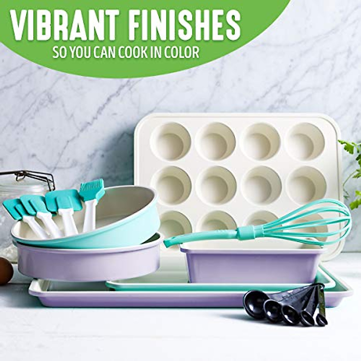 GreenLife Soft Grip Healthy Ceramic Nonstick, Cookware Pots and Pans Set, 16 Piece, Blue & Bakeware Healthy Ceramic Nonstick, Cookie Sheet, 18" x 13", Turquoise