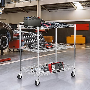 VEVOR Kitchen Utility Cart, 3 Tiers, Wire Rolling Cart with 661 LBS Capacity, Steel Service Cart on Wheels, Metal Storage Trolley with 80 mm Deep Basket Curved Handle 6 Hooks, NSF Listed