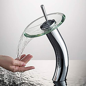 Kraus KGW-1700CH-CL Single Lever Vessel Glass Waterfall Bathroom Faucet Chrome with Clear Glass Disk