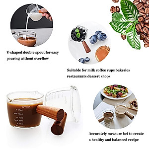 1 Pack Double Spouts Measuring Triple Pitcher Milk Cup 75ML Espresso Shot Glasses Parts Clear Glass with Wood Handle