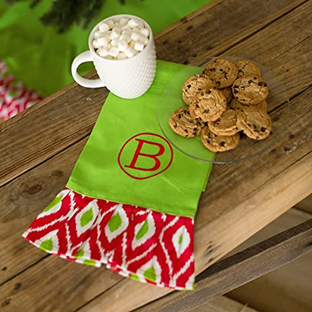 Drama Décor Personalized Green Hand Towel with Red & Green Ikat Trim, Monogramed Hand Towel