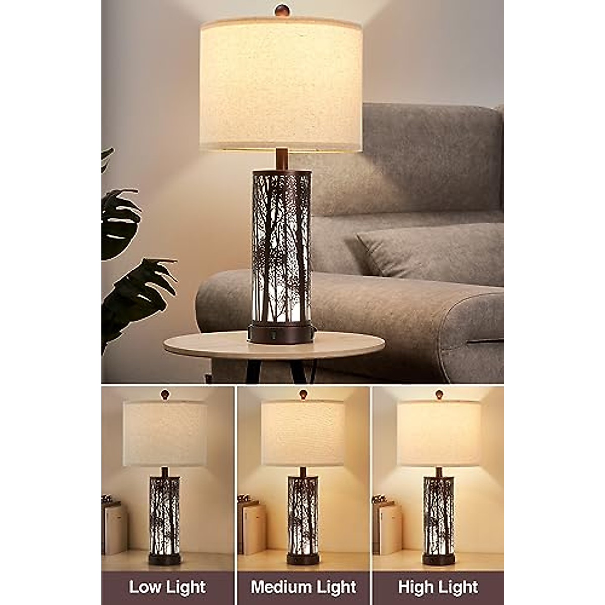 YUNHONG Set of 2 Industrial Table Lamp with USB Ports,Touch Control 3-Way Dimmable Bedroom Lamp, Tree Lamp with White Shade, Brown Metal Forest Lighting for Gothic Bedroom Decor
