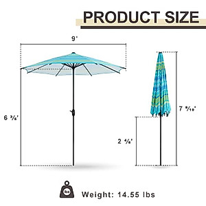 Gardesol 9 FT Patio Umbrella, Market Umbrella with Push Button Tilt/Crank,8 Sturdy Ribs, Fade Resistant, Solution-Dyed Fabric, Outdoor Table Umbrella for Deck, Backyard, Pool, Blue Green