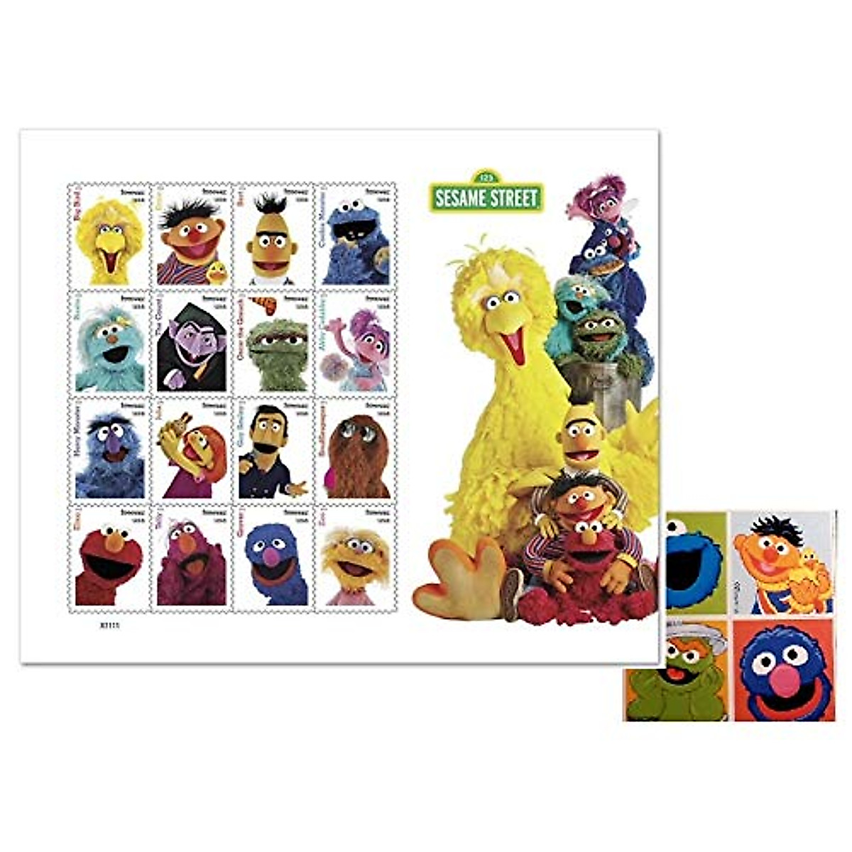 USPS 2019 Sesame Street Sheet of 16 Forever Stamps with Set of 4 Stickers Bundle (2 Items)