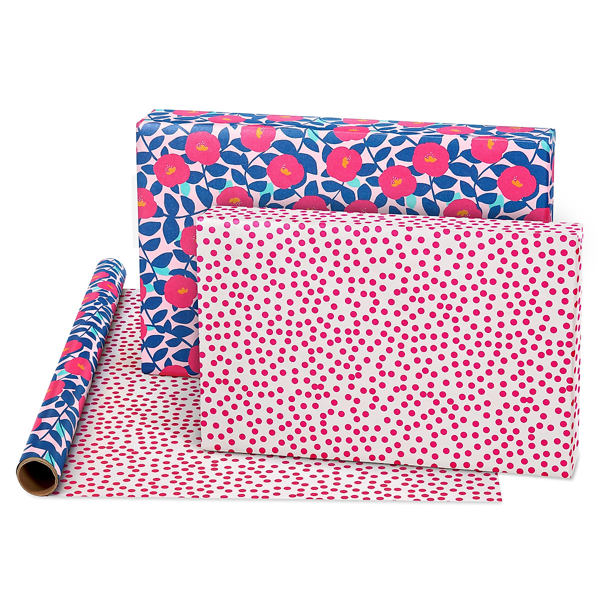 American Greetings Reversible Birthday Wrapping Paper, Floral, Cupcakes, and Polka Dots (4 Rolls, 120 sq. ft)