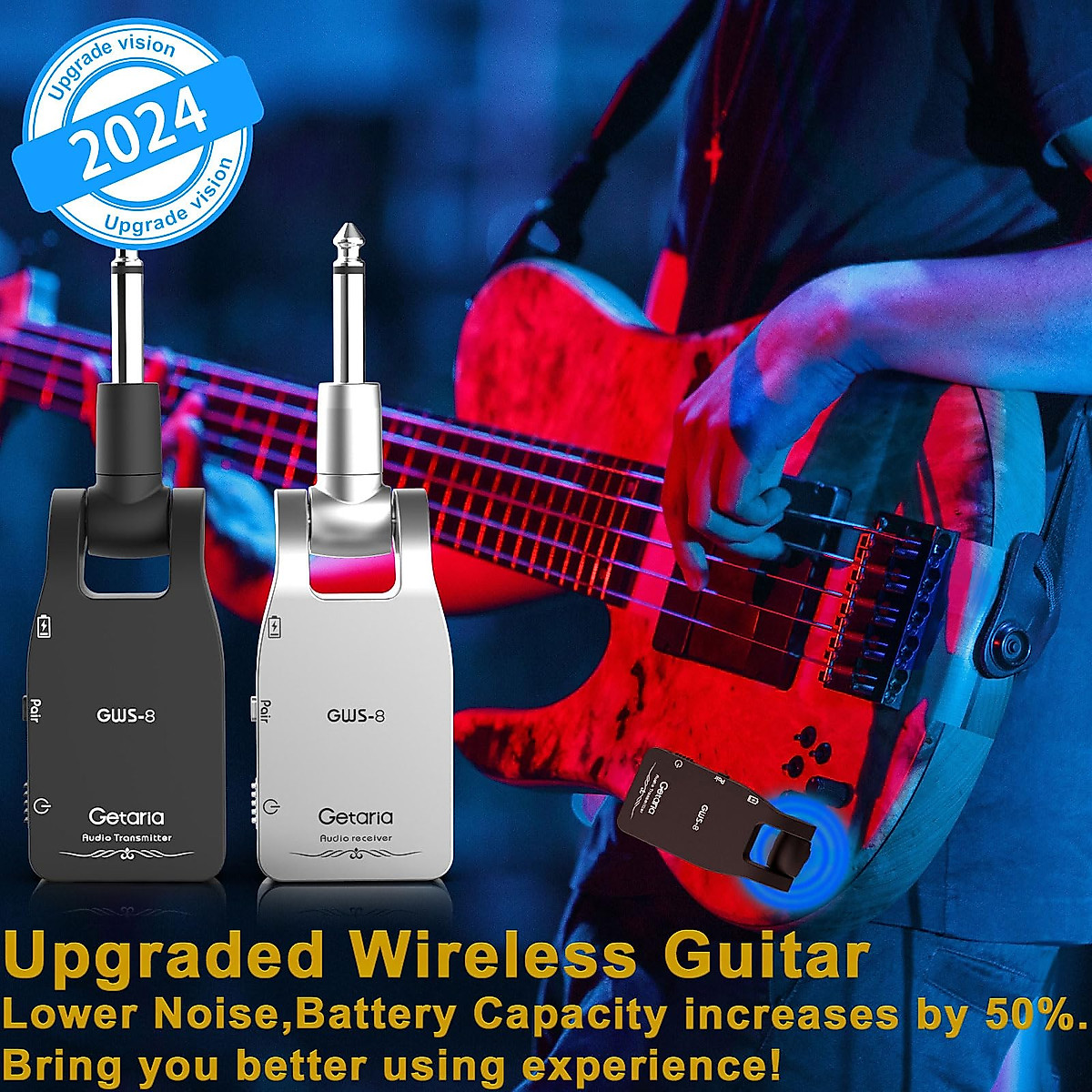 Getaria Wireless Guitar System 2.4GHz Wireless Guitar Transmitter Receiver Electric Guitar Wireless Rechargeable Lithium Battery Audio Guitar Wireless System
