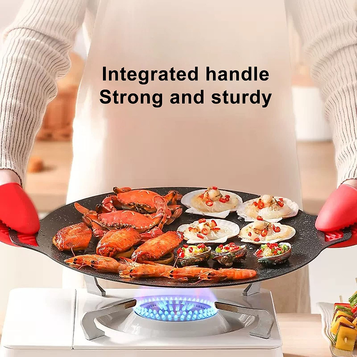 Korean Grill Pan,Nonstick Round Griddle Grill Pan for Korean BBQ,Round BBQ Griddle with Handle,Multifunctional Stove Plate for Meats, Pancakes, Ribs (Gas Model 33cm)