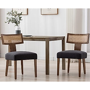CIMOTA Upholstered Rattan Dining Chairs Set of 2 Mid Century Modern Kitchen & Dining Room Chairs Linen Farmhouse Armless Side Chair with Wood Frame/Curved Backrest, Charcoal