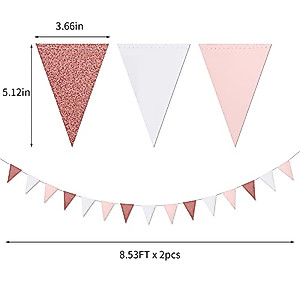 Pink-White Rose-Gold Party Decorations Banner - 2 Pack Engagement Baby Bridal Shower Paper Pennant Triangle Flags, Girl Birthday Bachelorette Mothers Day Wedding Bunting Lasting Surprise