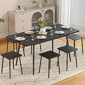 Qsun 7-Piece 63" Large Dining Table Set for 4-6 People, Extendable Kitchen Table Set with 6 Chairs, Dining Room Table with Round Corner for Small Space, Children Protective Design, Black