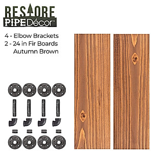 Industrial Pipe Wooden Shelves Restore by Pipe DÉCOR Premium Douglas Fir Wood Shelving 24 Inch Length Set of 2 Boards and 4 L Brackets Autumn Brown Finish