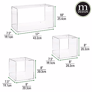 mDesign Floating Wall Mounted Shelves, Decorative Acrylic Geometric Square/Rectangle Display for Photos, Plants, Decor - Shadow Box for Bedroom, Office, Bathroom, Lexa Collection, Set of 3, Clear