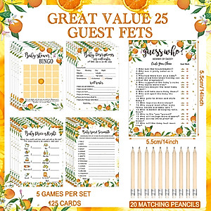 Yinder 145 Pieces Baby Shower Games for Boy or Girl Game Activities Cards with 20 Pencils Includes Baby Bingo Description and Wishes Guess Who Baby Price is Right, Word Scramble Game(Orange Style)